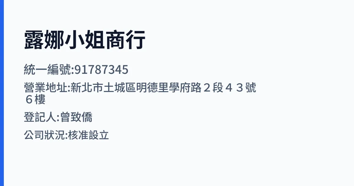 露娜小姐商行 - 統編 91787345(新北市) 公司登記資料與營業項目詳細圖表