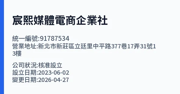宸熙媒體電商企業社的照片-統編 91787534(新北市) 公司登記資料與營業項目詳細圖表