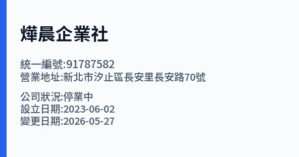 燁晨企業社的照片-統編 91787582(新北市) 公司登記資料與營業項目詳細圖表