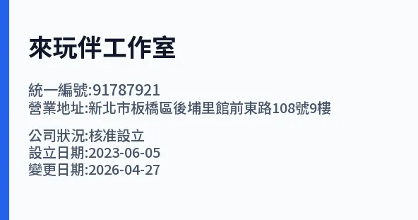 來玩伴工作室的照片-統編 91787921(新北市) 公司登記資料與營業項目詳細圖表