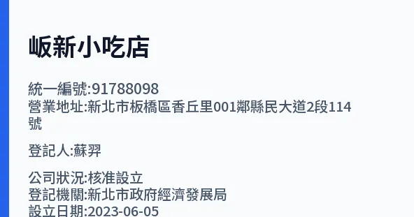 岅新小吃店的照片-統編 91788098(新北市) 公司登記資料與營業項目詳細圖表