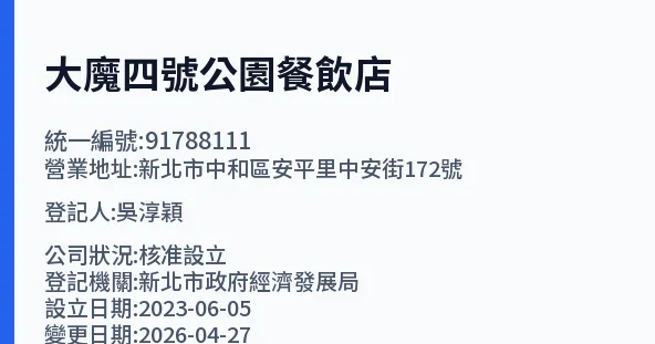 大魔四號公園餐飲店的照片-統編 91788111(新北市) 公司登記資料與營業項目詳細圖表