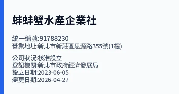 蚌蚌蟹水產企業社的照片-統編 91788230(新北市) 公司登記資料與營業項目詳細圖表