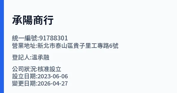 承陽商行的照片-統編 91788301(新北市) 公司登記資料與營業項目詳細圖表