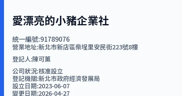 愛漂亮的小豬企業社的照片-統編 91789076(新北市) 公司登記資料與營業項目詳細圖表