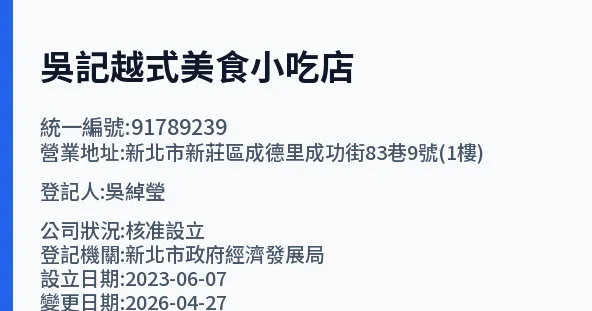 吳記越式美食小吃店的照片-統編 91789239(新北市) 公司登記資料與營業項目詳細圖表