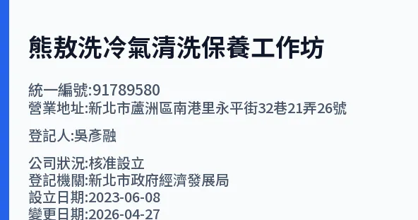 熊敖洗冷氣清洗保養工作坊的照片-統編 91789580(新北市) 公司登記資料與營業項目詳細圖表