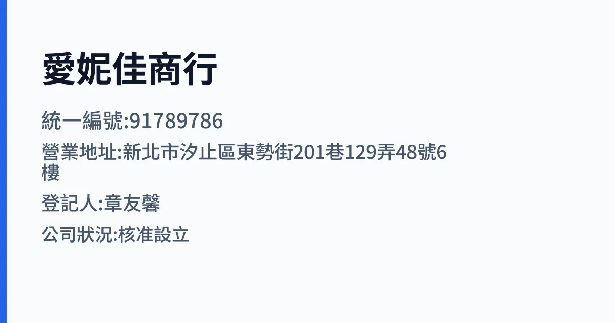 愛妮佳商行 - 統編 91789786(新北市) 公司登記資料與營業項目詳細圖表