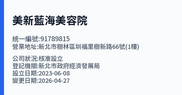 美新藍海美容院的照片-統編 91789815(新北市) 公司登記資料與營業項目詳細圖表