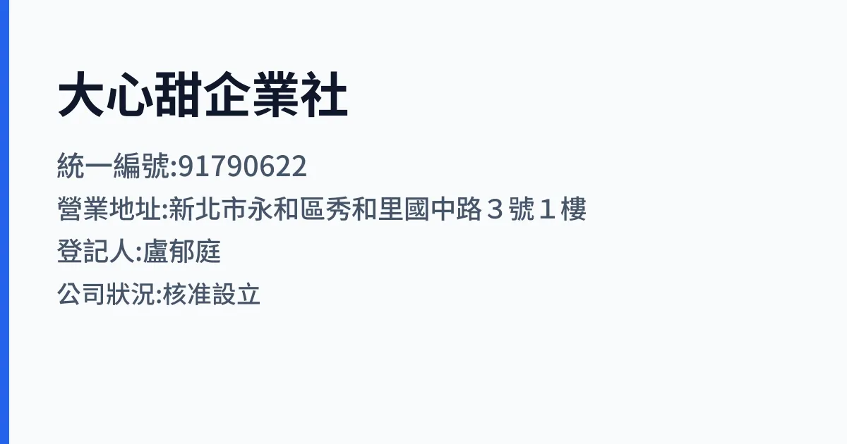 大心甜企業社 - 統編 91790622(新北市) 公司登記資料與營業項目詳細圖表