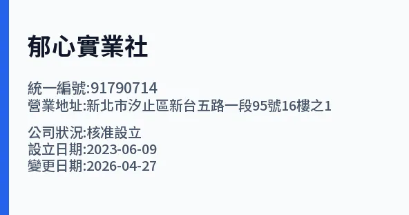 郁心實業社的照片-統編 91790714(新北市) 公司登記資料與營業項目詳細圖表