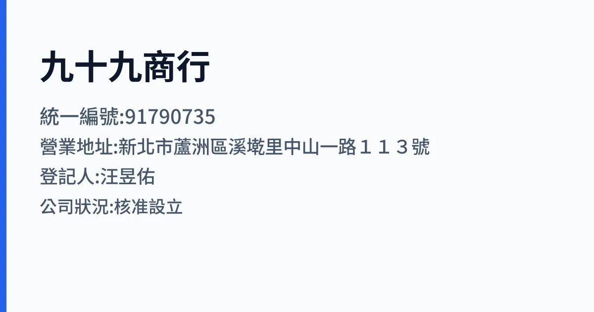 九十九商行 - 統編 91790735(新北市) 公司登記資料與營業項目詳細圖表