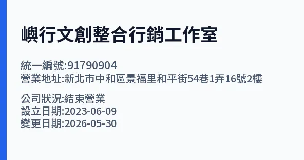 嶼行文創整合行銷工作室的照片-統編 91790904(新北市) 公司登記資料與營業項目詳細圖表