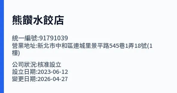 熊饡水餃店的照片-統編 91791039(新北市) 公司登記資料與營業項目詳細圖表