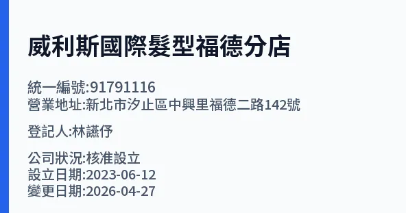 威利斯國際髮型福德分店的照片-統編 91791116(新北市) 公司登記資料與營業項目詳細圖表