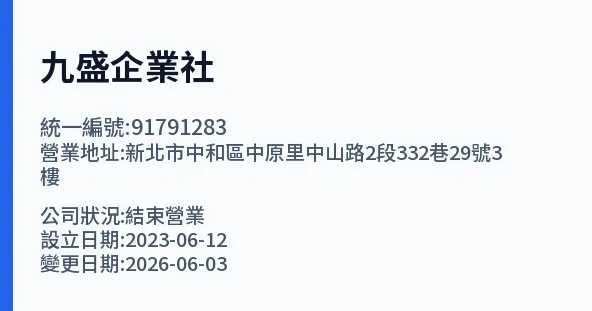 九盛企業社的照片-統編 91791283(新北市) 公司登記資料與營業項目詳細圖表