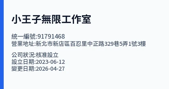 小王子無限工作室的照片-統編 91791468(新北市) 公司登記資料與營業項目詳細圖表