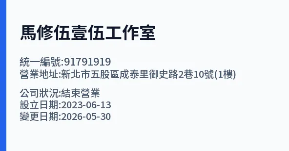 馬修伍壹伍工作室的照片-統編 91791919(新北市) 公司登記資料與營業項目詳細圖表