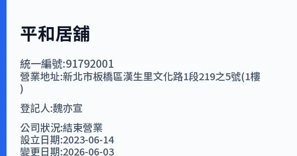 平和居舖的照片-統編 91792001(新北市) 公司登記資料與營業項目詳細圖表