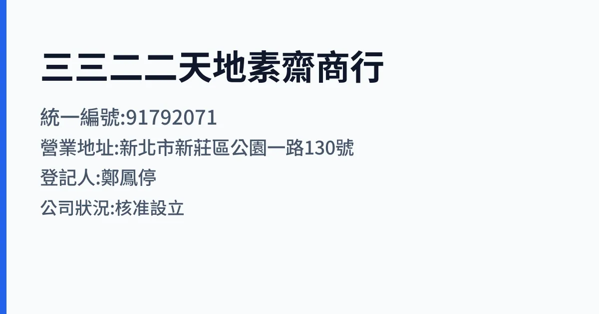 三三二二天地素齋商行 - 統編 91792071(新北市) 公司登記資料與營業項目詳細圖表