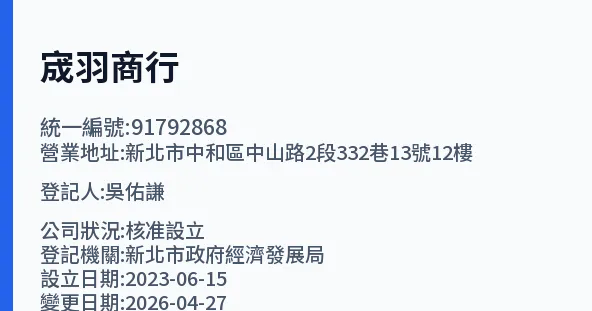 宬羽商行的照片-統編 91792868(新北市) 公司登記資料與營業項目詳細圖表
