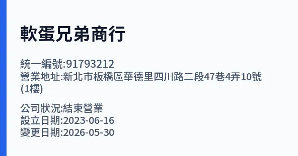 軟蛋兄弟商行的照片-統編 91793212(新北市) 公司登記資料與營業項目詳細圖表