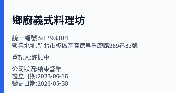 鄉廚義式料理坊的照片-統編 91793304(新北市) 公司登記資料與營業項目詳細圖表