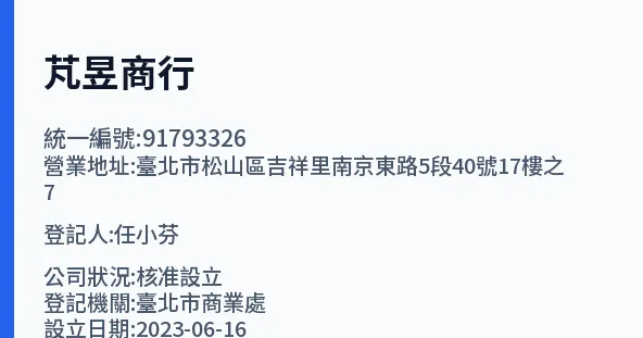 芃昱商行的照片-統編 91793326(臺北市) 公司登記資料與營業項目詳細圖表