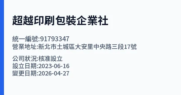 超越印刷包裝企業社的照片-統編 91793347(新北市) 公司登記資料與營業項目詳細圖表