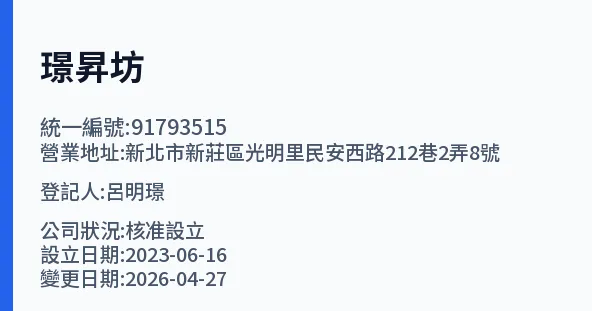 璟昇坊的照片-統編 91793515(新北市) 公司登記資料與營業項目詳細圖表