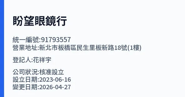 盼望眼鏡行的照片-統編 91793557(新北市) 公司登記資料與營業項目詳細圖表
