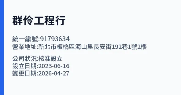群伶工程行的照片-統編 91793634(新北市) 公司登記資料與營業項目詳細圖表