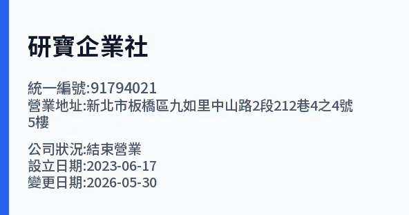 研寶企業社的照片-統編 91794021(新北市) 公司登記資料與營業項目詳細圖表