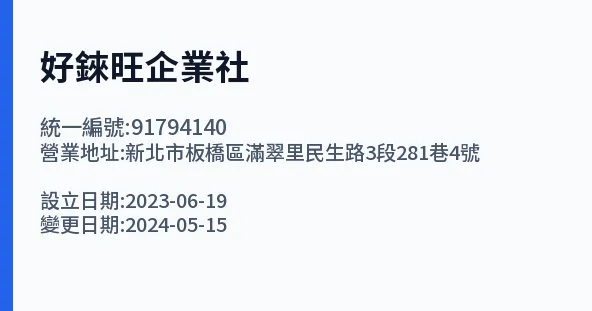 好錸旺企業社的照片-統編 91794140(新北市) 公司登記資料與營業項目詳細圖表