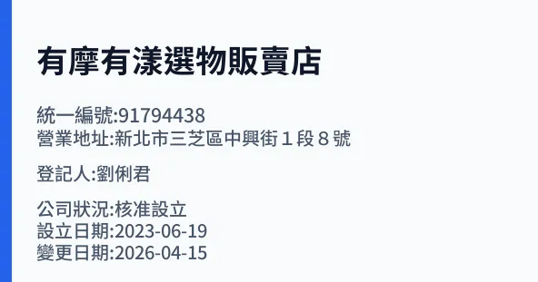 有摩有漾選物販賣店的照片-統編 91794438(新北市) 公司登記資料與營業項目詳細圖表