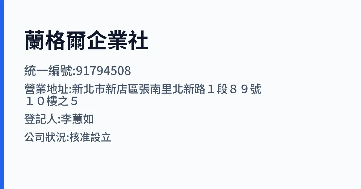 蘭格爾企業社 - 統編 91794508(新北市) 公司登記資料與營業項目詳細圖表