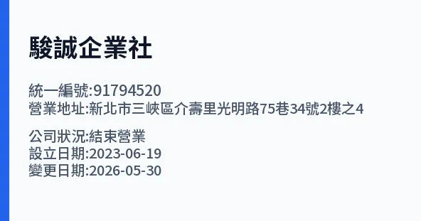 駿誠企業社的照片-統編 91794520(新北市) 公司登記資料與營業項目詳細圖表