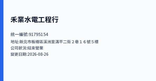 禾業水電工程行的照片-統編 91795154(新北市) 公司登記資料與營業項目詳細圖表