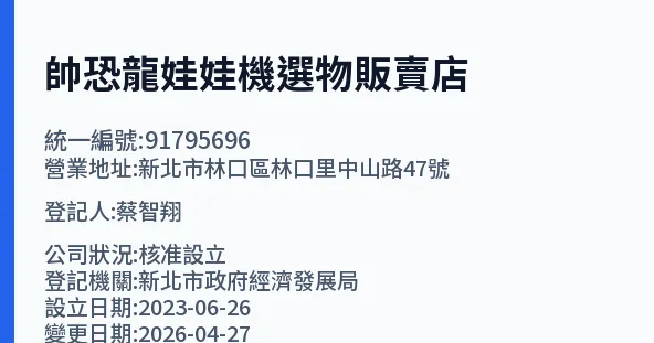 帥恐龍娃娃機選物販賣店的照片-統編 91795696(新北市) 公司登記資料與營業項目詳細圖表