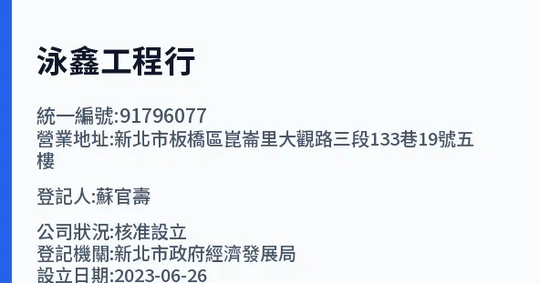 泳鑫工程行的照片-統編 91796077(新北市) 公司登記資料與營業項目詳細圖表