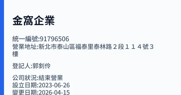 金窩企業的照片-統編 91796506(新北市) 公司登記資料與營業項目詳細圖表