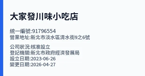 大家發川味小吃店的照片-統編 91796554(新北市) 公司登記資料與營業項目詳細圖表