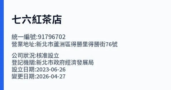 七六紅茶店的照片-統編 91796702(新北市) 公司登記資料與營業項目詳細圖表
