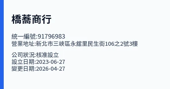 橋蕎商行的照片-統編 91796983(新北市) 公司登記資料與營業項目詳細圖表