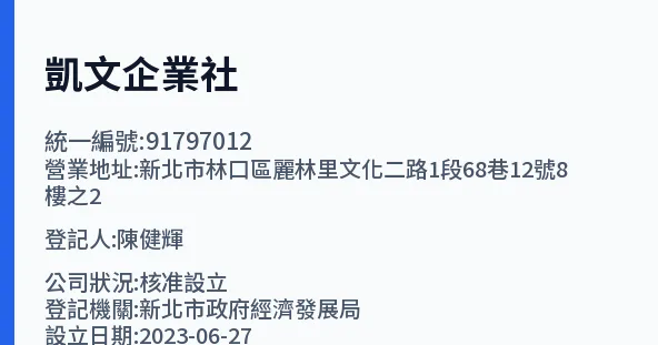 凱文企業社的照片-統編 91797012(新北市) 公司登記資料與營業項目詳細圖表