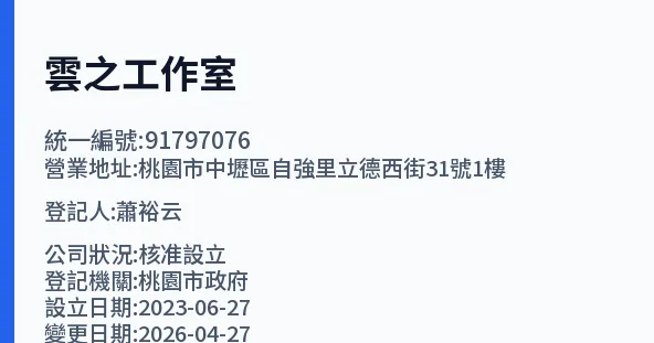 雲之工作室的照片-統編 91797076(桃園市) 公司登記資料與營業項目詳細圖表