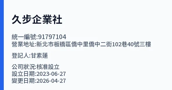 久步企業社的照片-統編 91797104(新北市) 公司登記資料與營業項目詳細圖表