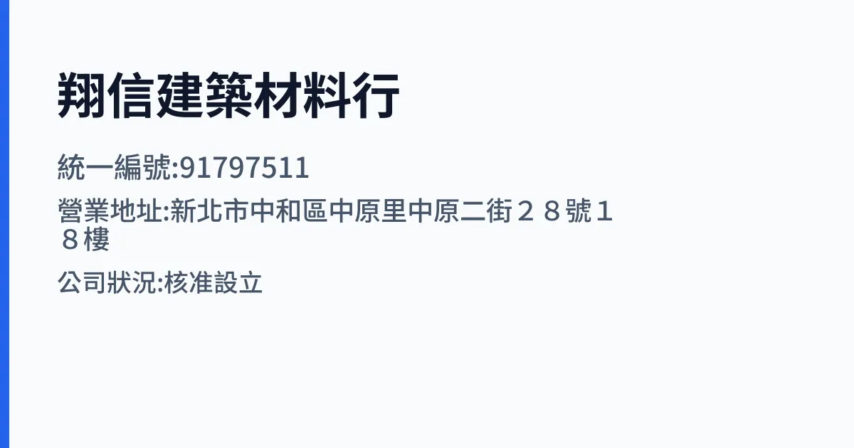 翔信建築材料行 - 統編 91797511(新北市) 公司登記資料與營業項目詳細圖表