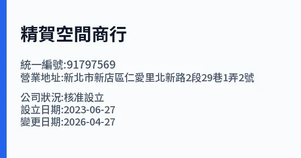 精賀空間商行的照片-統編 91797569(新北市) 公司登記資料與營業項目詳細圖表