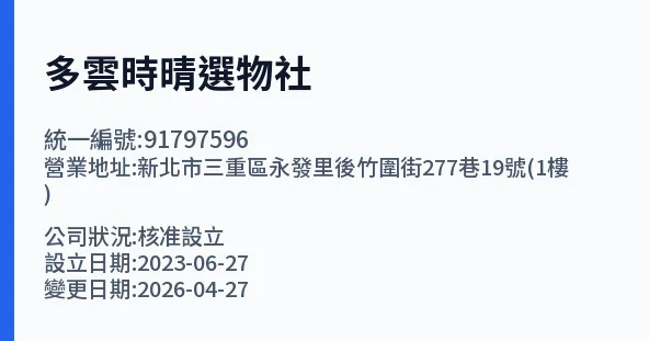 多雲時晴選物社的照片-統編 91797596(新北市) 公司登記資料與營業項目詳細圖表